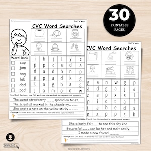 CVC Word Search Worksheets | Short Vowel Word Activities | Kindergarten ...