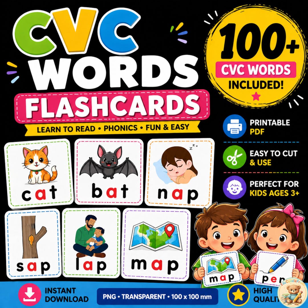 CVC Words Flashcards for Kids | 100+ CVC Words | Printable Phonics ...
