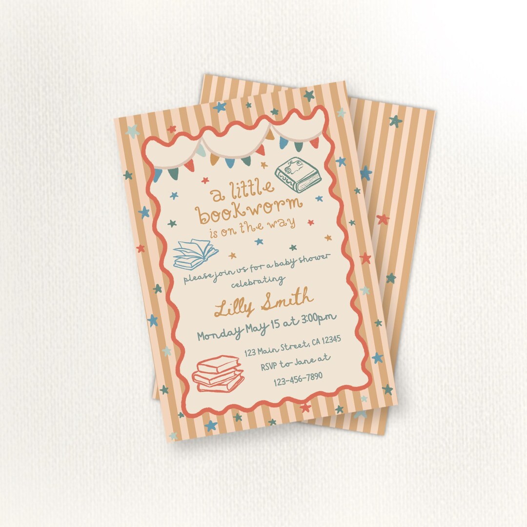 Little Bookworm Baby Shower Invitation: Editable Invite Template ...