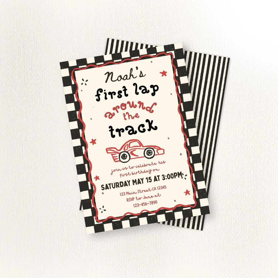 1st Lap Around the Track Invite | Race Car First Birthday Invitation ...