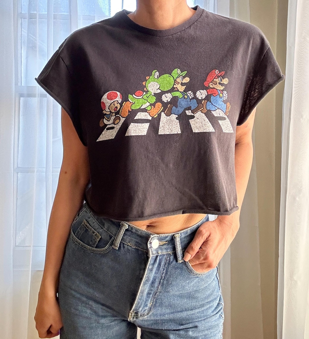 Nintendo Super Mario Bros Game Sporty Chic Distressed Black Crop Top ...