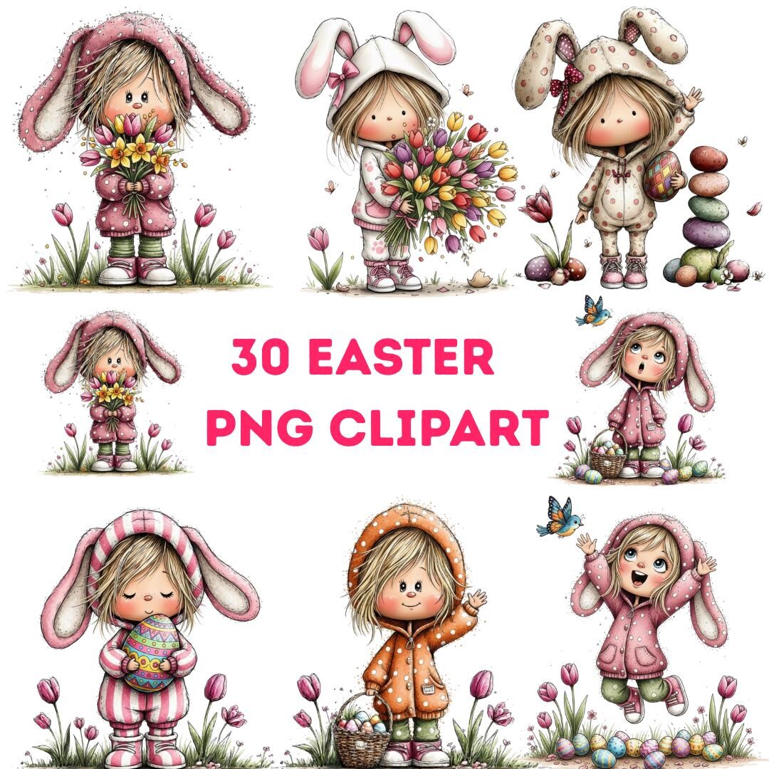 Whimsical Easter Kids Clipart | Bunny Costumes, Spring Illustrations ...