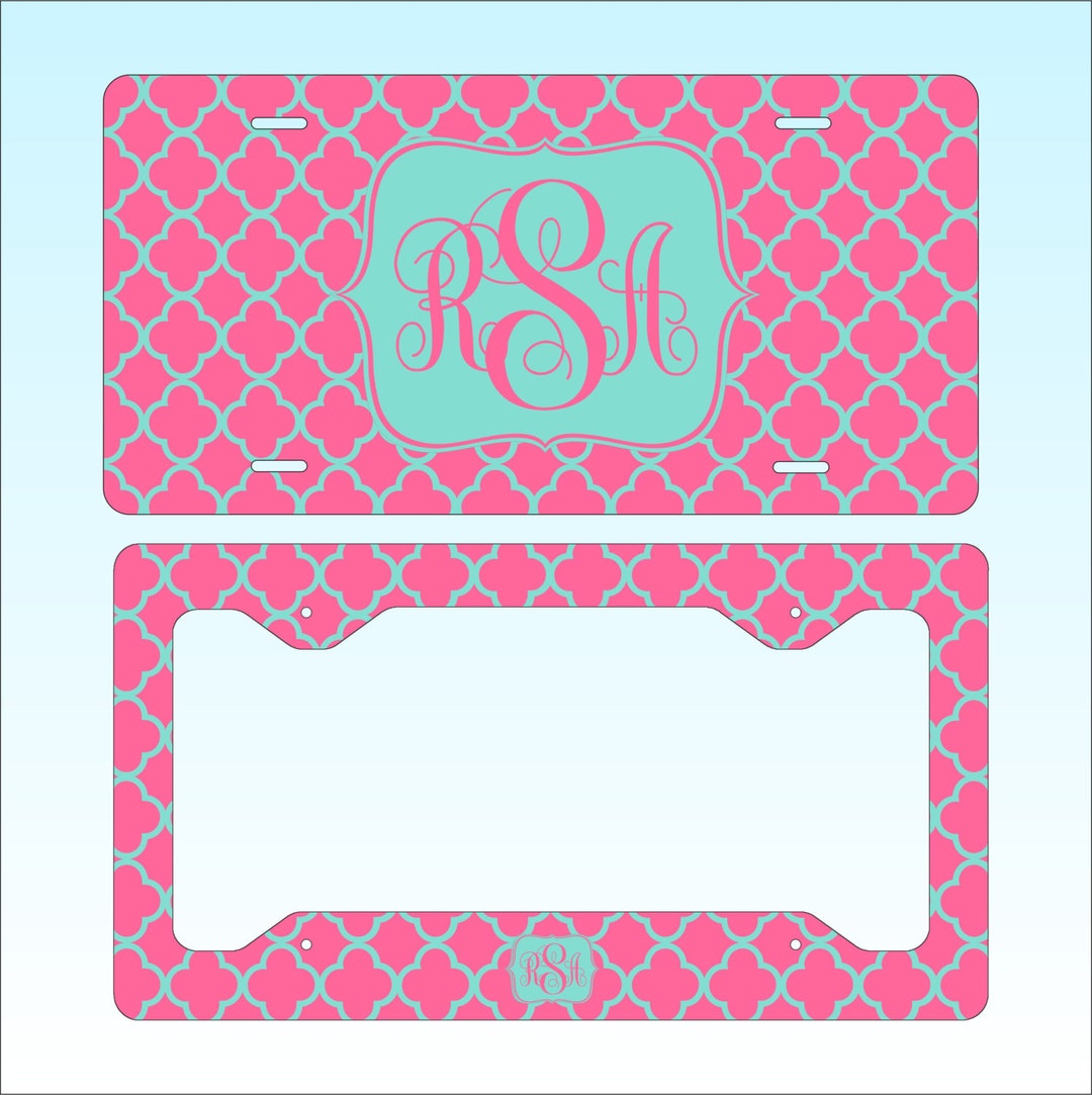 Monogram License Plate Pink Quatrefoil Turquoise Matching Key Chain ...