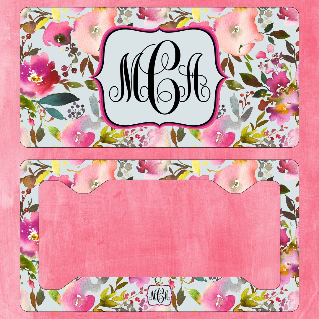 Monogram License Plate Pink Coral Roses on Gray Matching Key Chain ...
