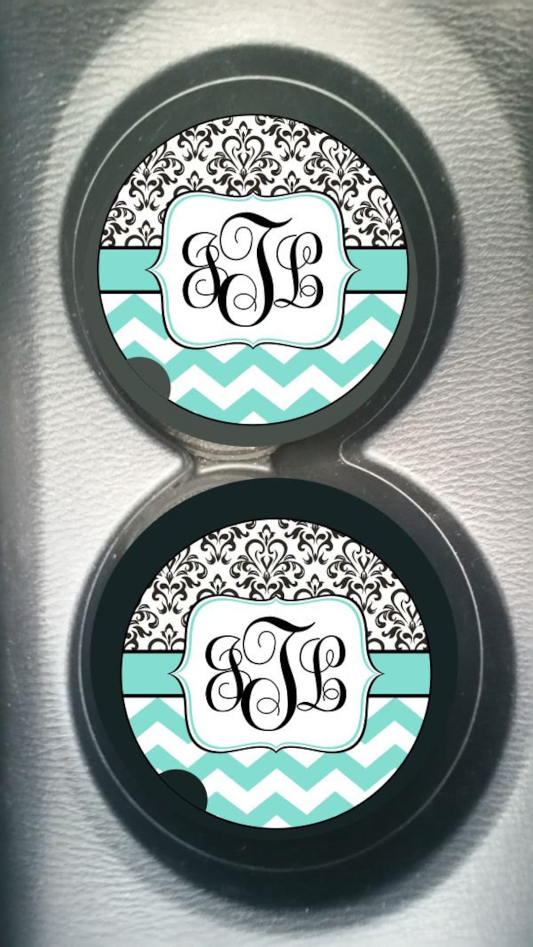 Custom Monogram Turquoise Chevron Black Damask Car Cup Holder Coaster ...