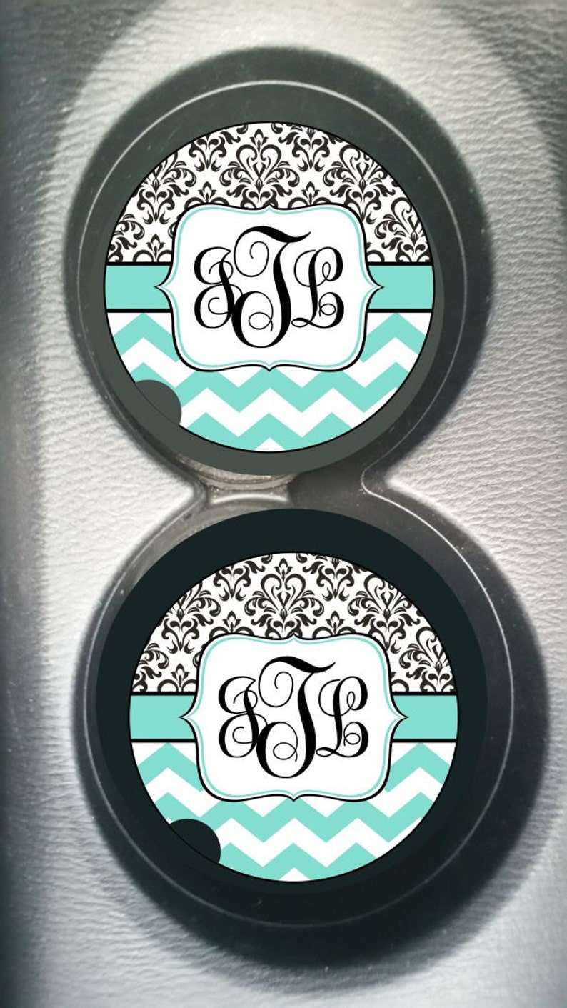 Custom Monogram Turquoise Chevron Black Damask Car Cup Holder - Etsy