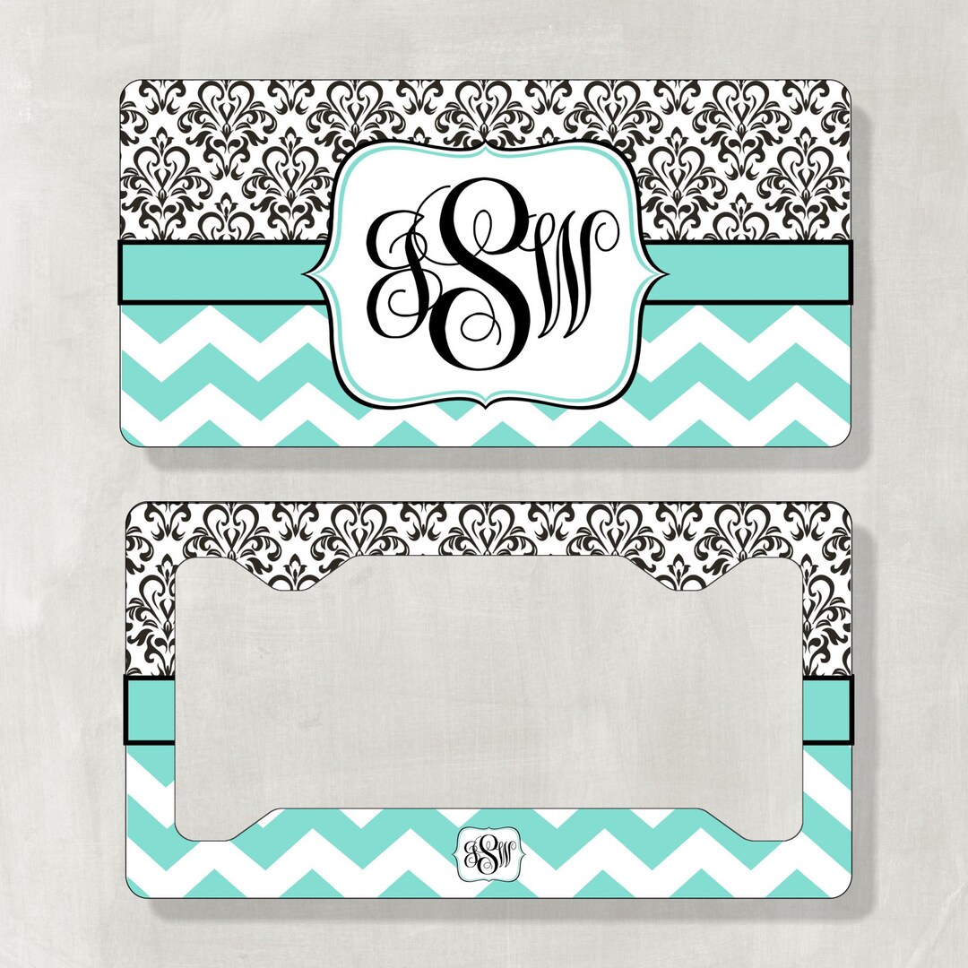 Monogram License Plate Matching Key Chain - Turquoise Chevron Black ...