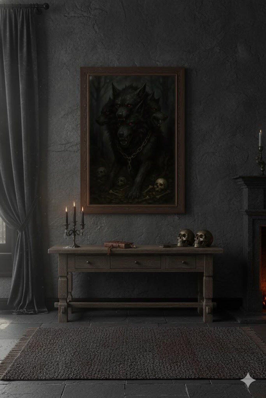 Three-faced Black Wolf Gothic Art Print: Red Eyes & Skulls (digital ...