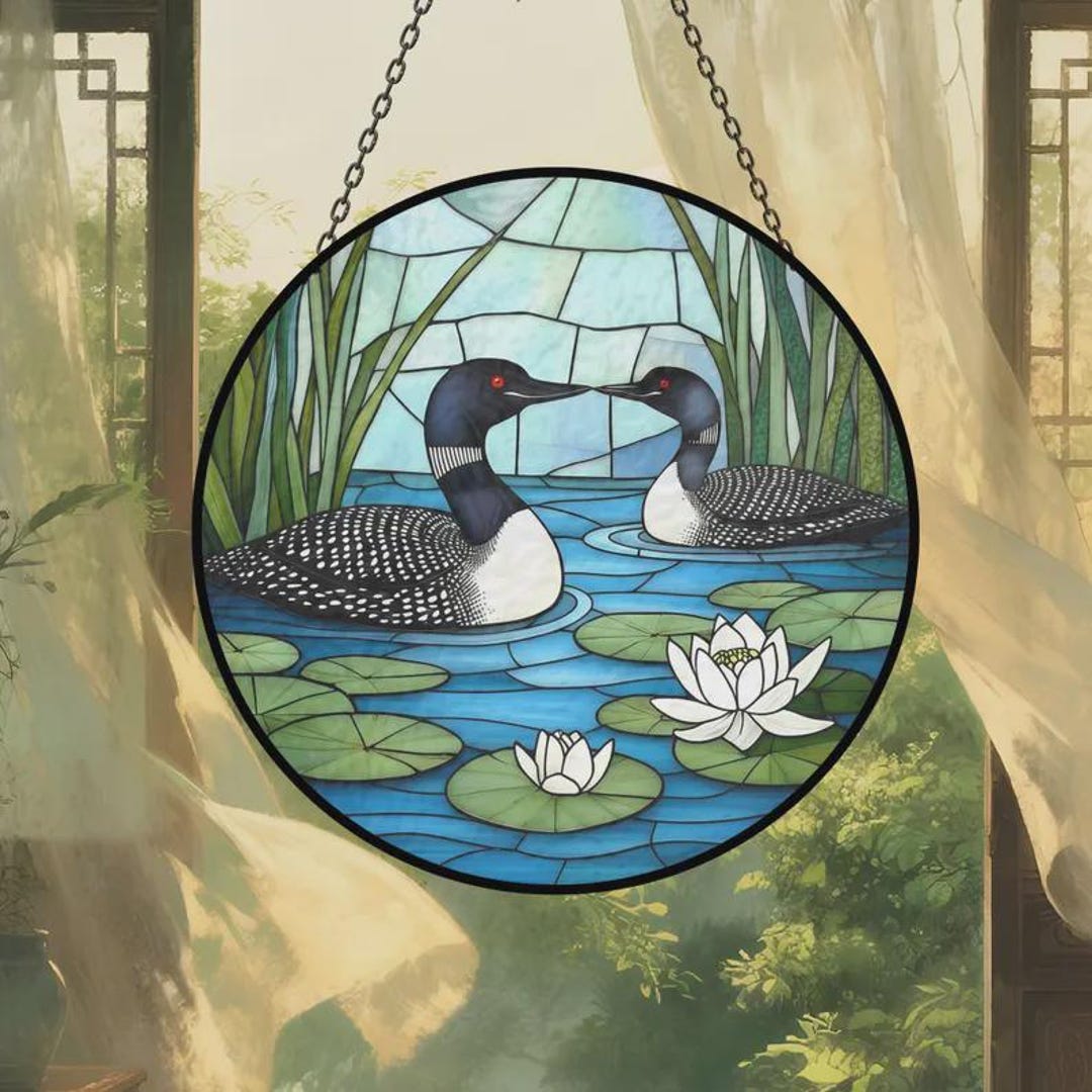 Loon Couple Sun Catcher, Serene Nature Art Window Hanging, White Water ...