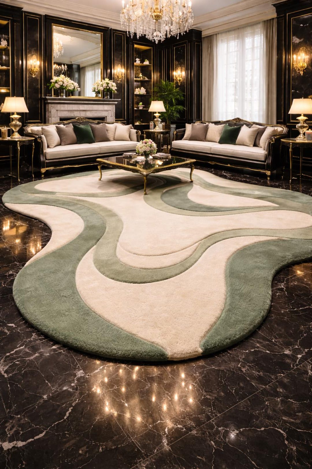Sage Green Ivory Hand Tufted Wool Area Rug Organic Freeform Wave Modern ...