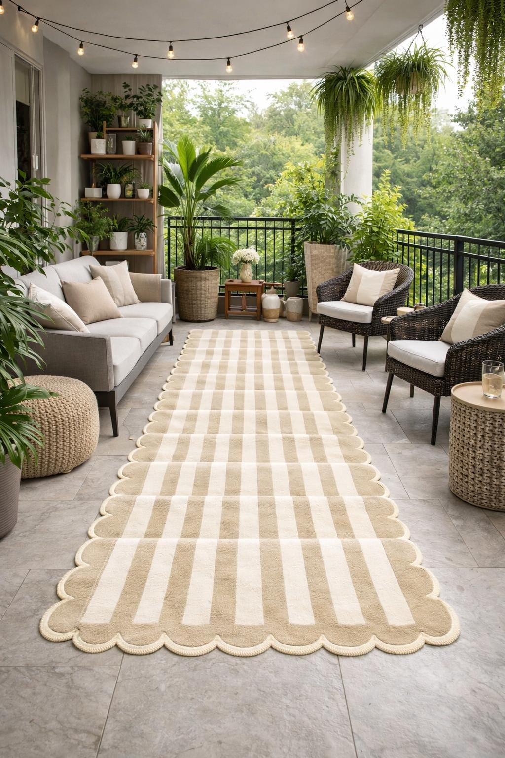Neutral Beige Cream Minimalist Scalloped Runner Rug Earth Tone Hand ...