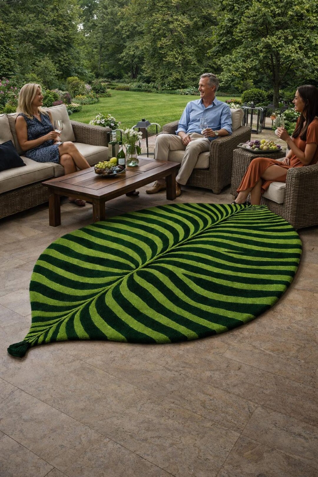 Tropical Leaf Shaped Rug 8x10/9x12 Hand Tufted Wool Mose Green Handmade ...