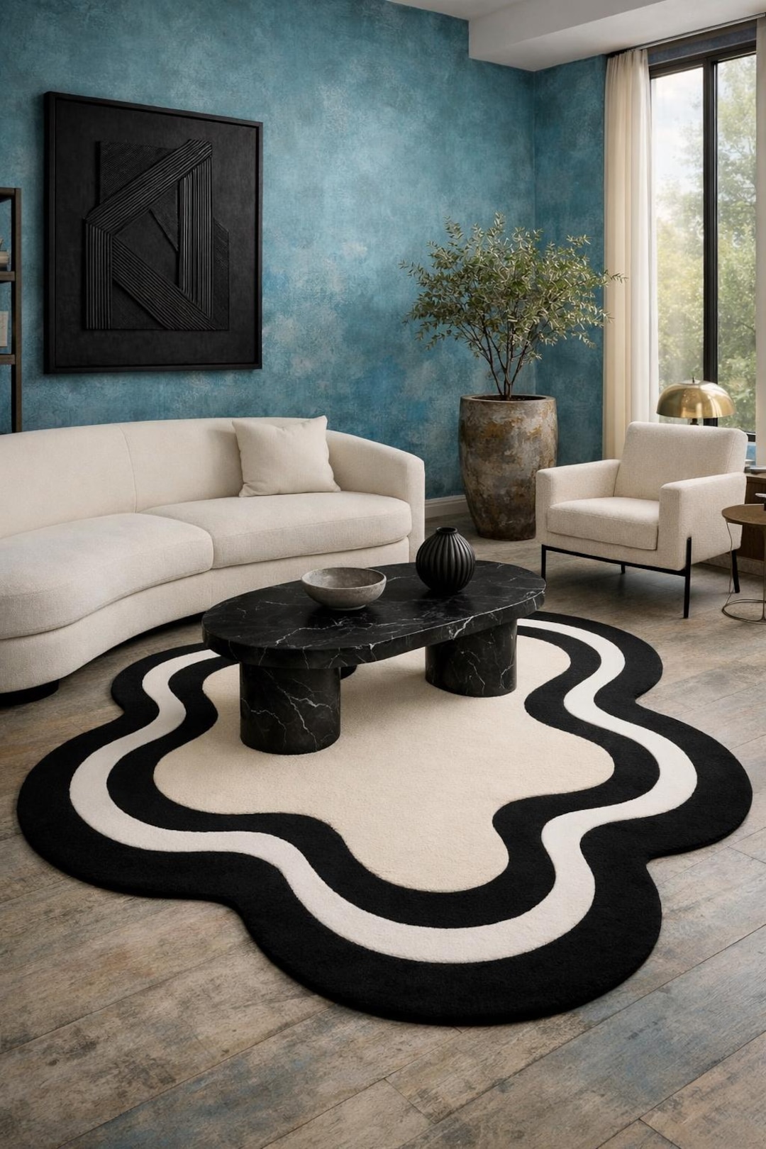 Organic Freeform Hand Tufted Wool Rug, Black Ivory Abstract Area Rug ...