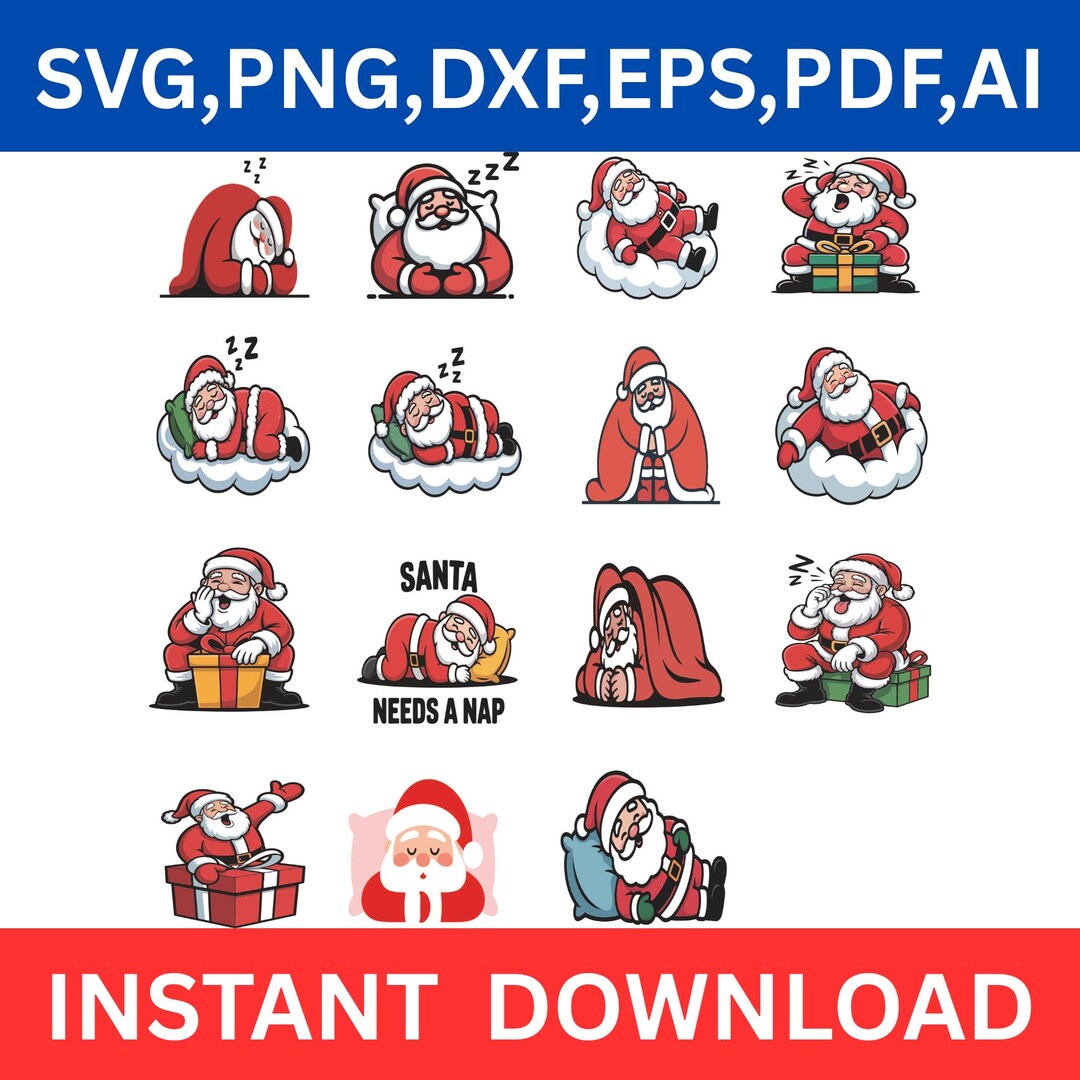 Santa Sleeping Clipart Bundle | Tired PNG Set | Christmas Nap Stickers ...