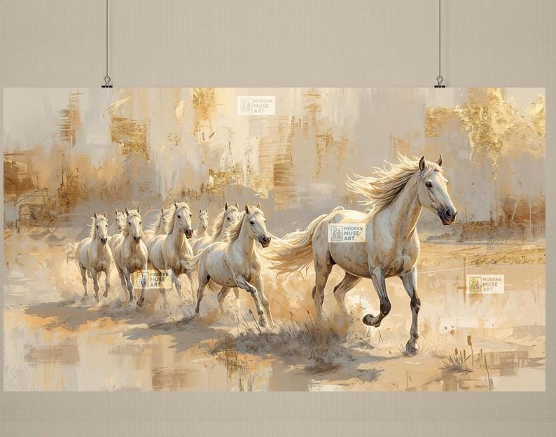 Buy Golden Running Horses Art – Elegant White Horse Herd Abstract ...