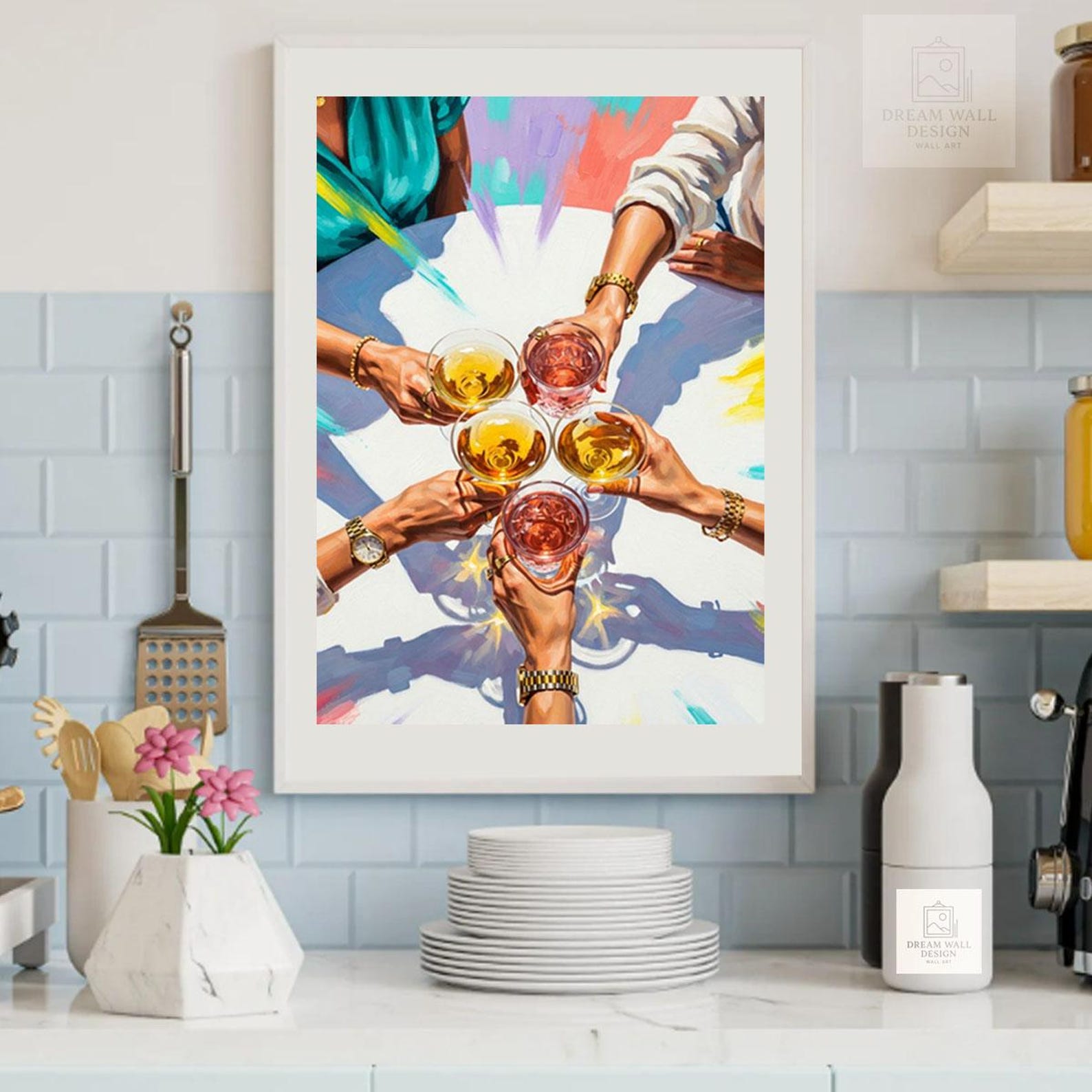 Cheers Wall Art – Friends Toasting Painting, Colorful Cocktail Print ...