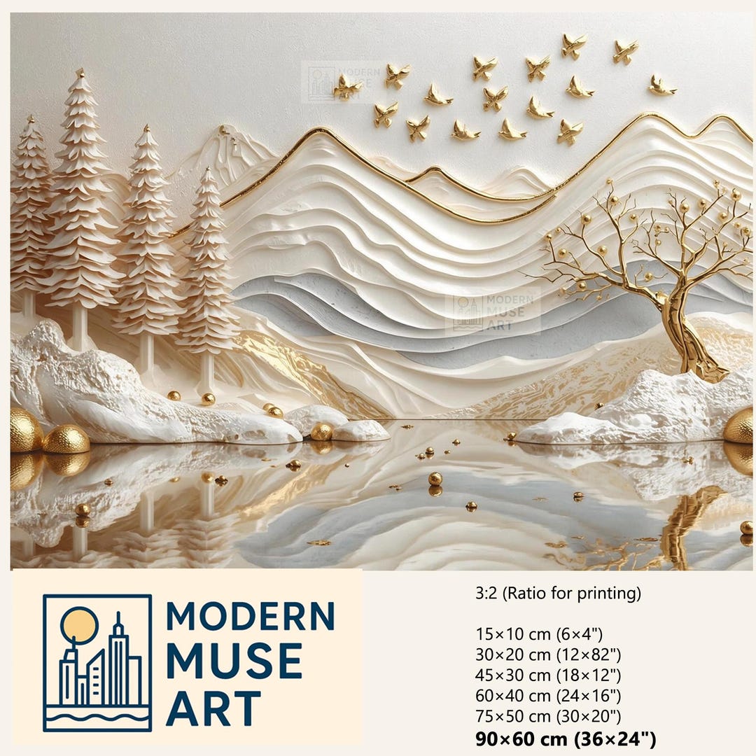 Golden Layered Landscape Art – 3D Textured Mountains, Trees & Birds ...