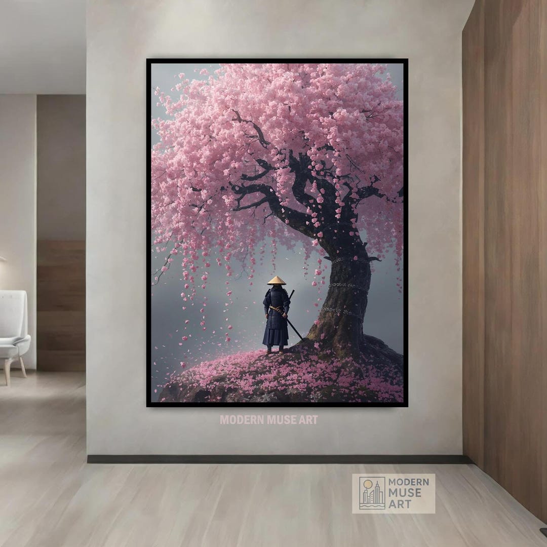 Cherry Blossom Samurai Wall Art – Tranquil Japanese Warrior Under ...