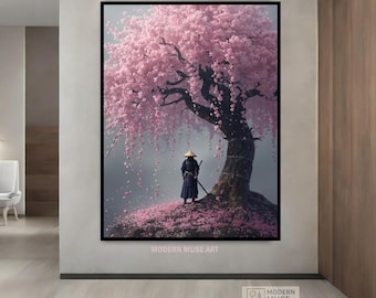 Japanese Samurai in Sakura Flowers and Cherry Blossom Tree, Honor ...