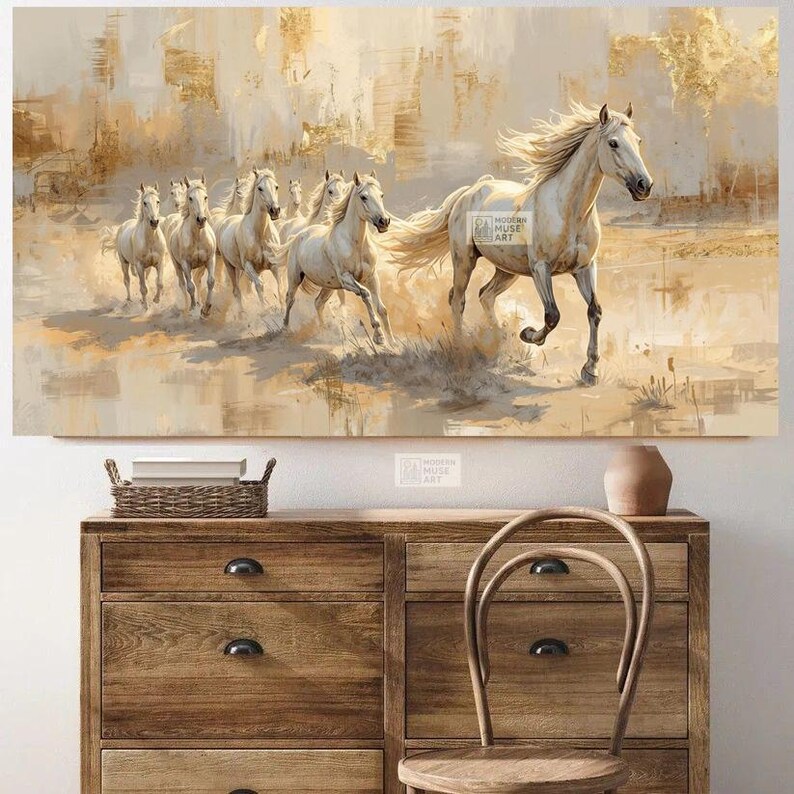 Golden Running Horses Art – Elegant White Horse Herd Abstract Landscape ...