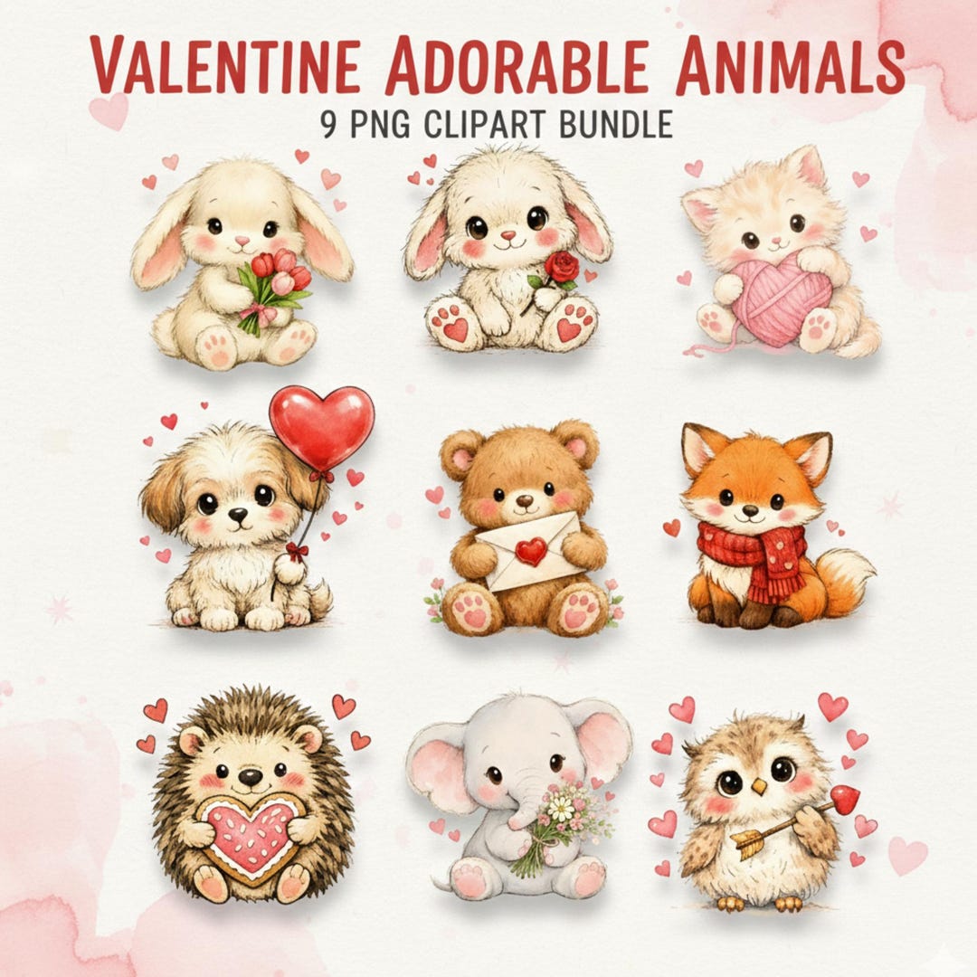 Whimsical Valentine Animals Clipart PNG, Valentine PNG Bundle ...