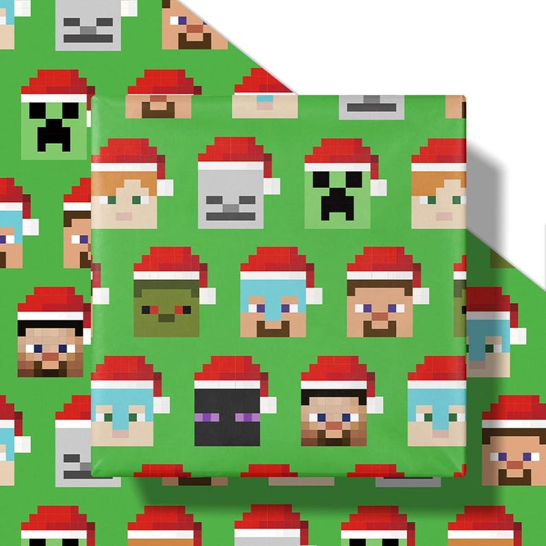 Minecraft Christmas Pixel Wrapping Paper, Xmas Jumbo Gift Wrap Roll for ...