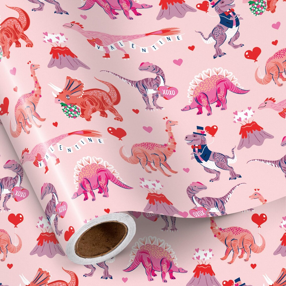 Dino Valentine Wrapping Paper for Kids, Cute Dinosaur Valentine Gift ...