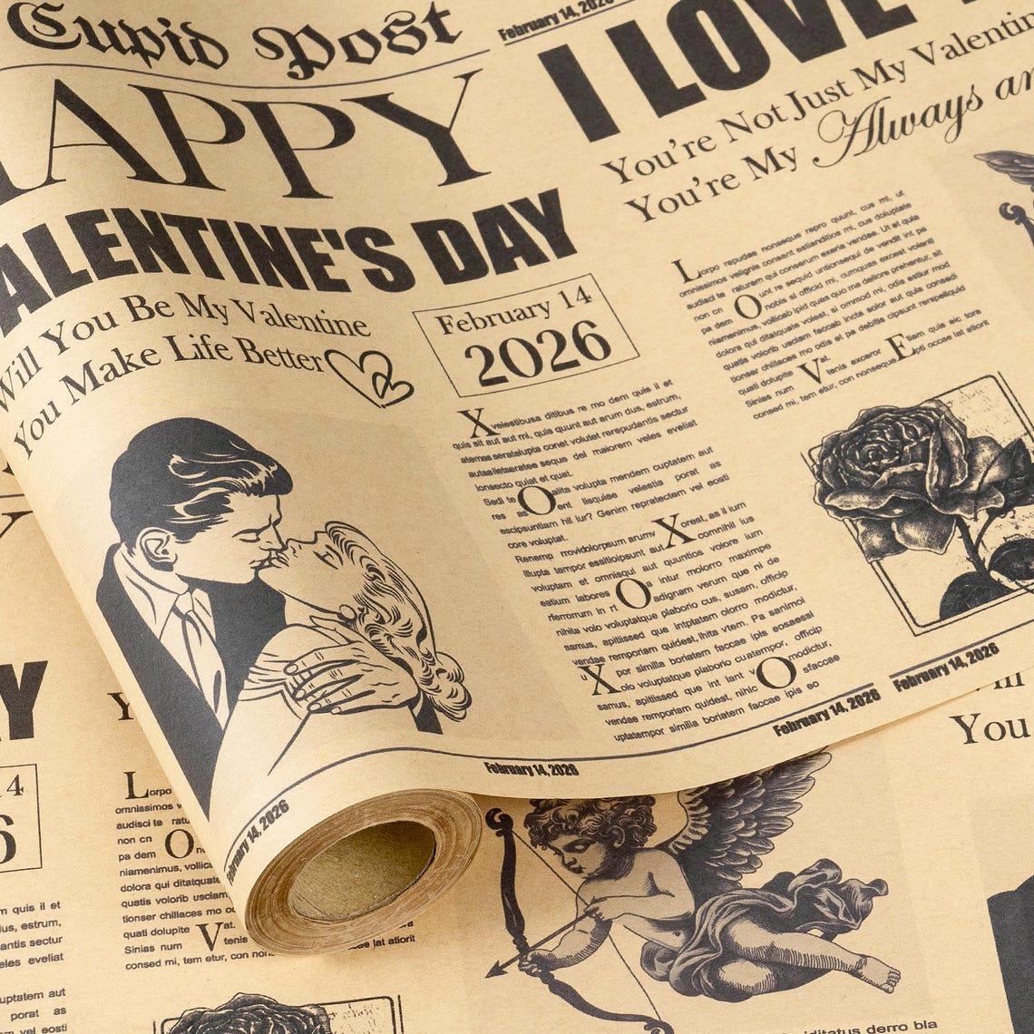 Vintage Cupid Post Valentine Wrapping Paper, Vintage Cupid Post ...