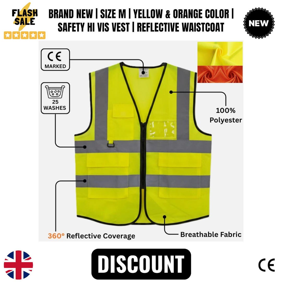 New | Safety Hi Vis Vest | Reflective Waistcoat | Size M | Yellow and ...