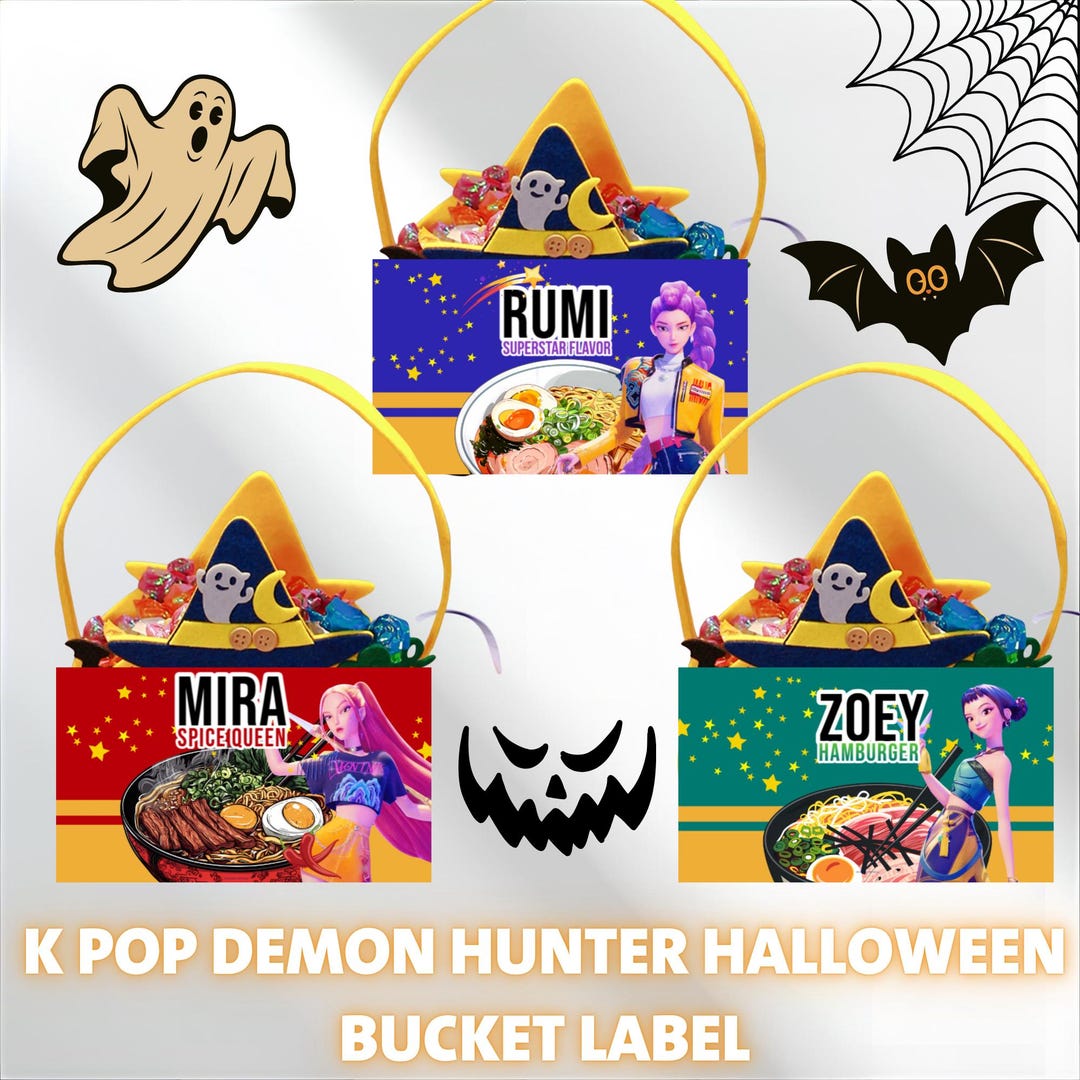 K-pop Halloween Bucket Labels, Huntrix Ramen Trick or Treat Bucket ...