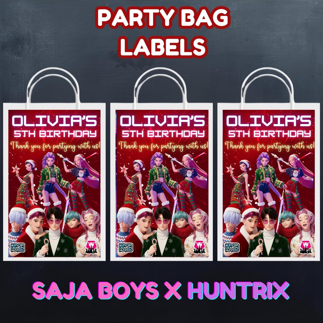 Kpop Demon Hunters Party Bag Labels | Huntrix Saja Boys Favor Bag ...