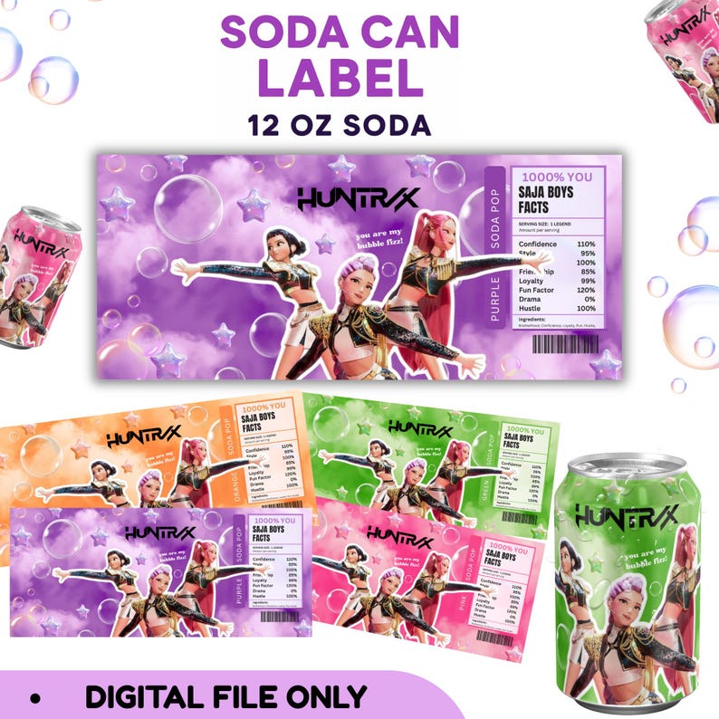 Kpop Demons Hunter Printable | Huntrix Soda Can Labels | 4 Color Soda ...