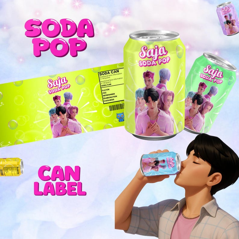 Kpop Demon Hunters, Saja Boys Soda Pop Can Labels, Saja Boys Soda Can ...