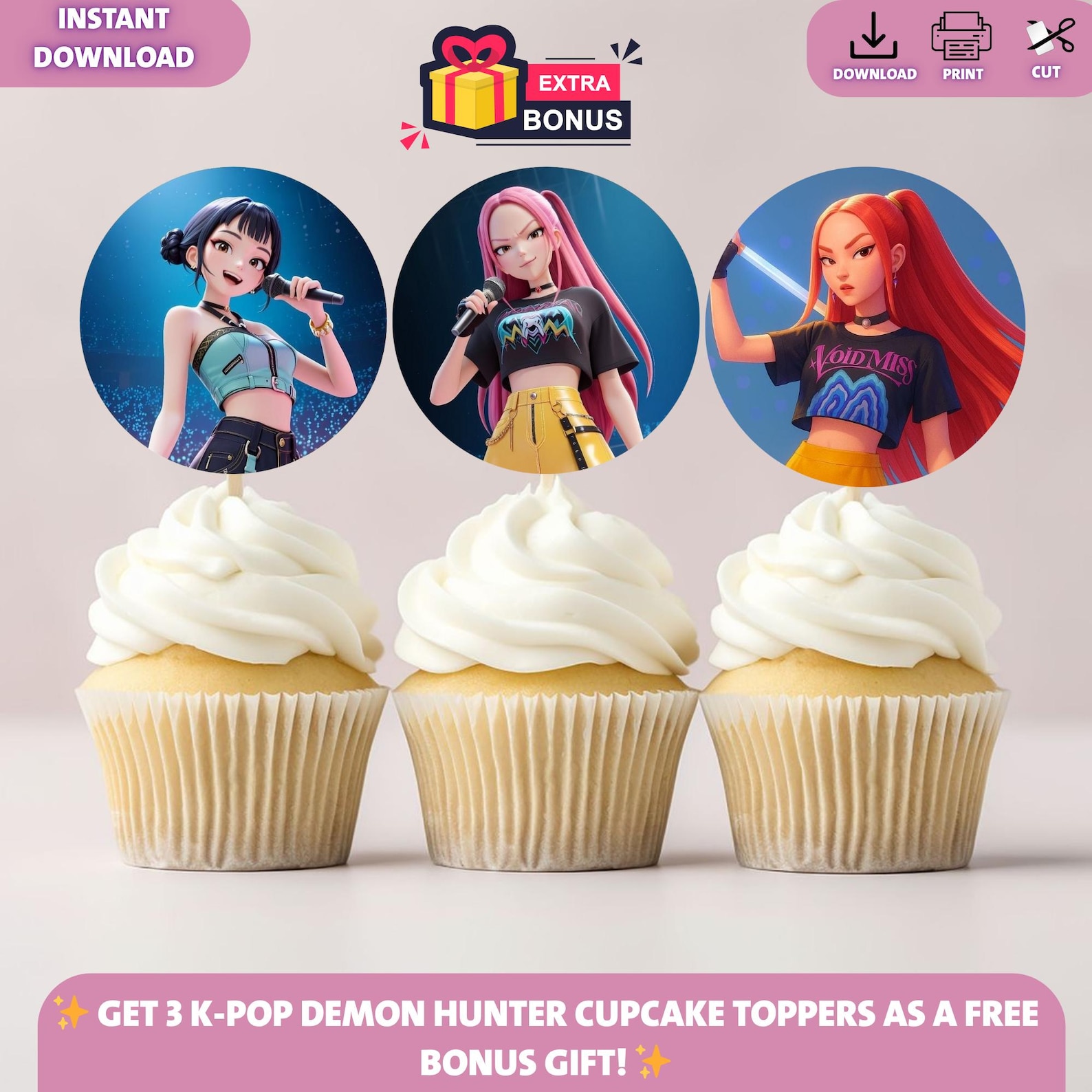 Editable Kpop Demon Hunters Cake Topper, Huntrix Kpop Birthday Toppers ...