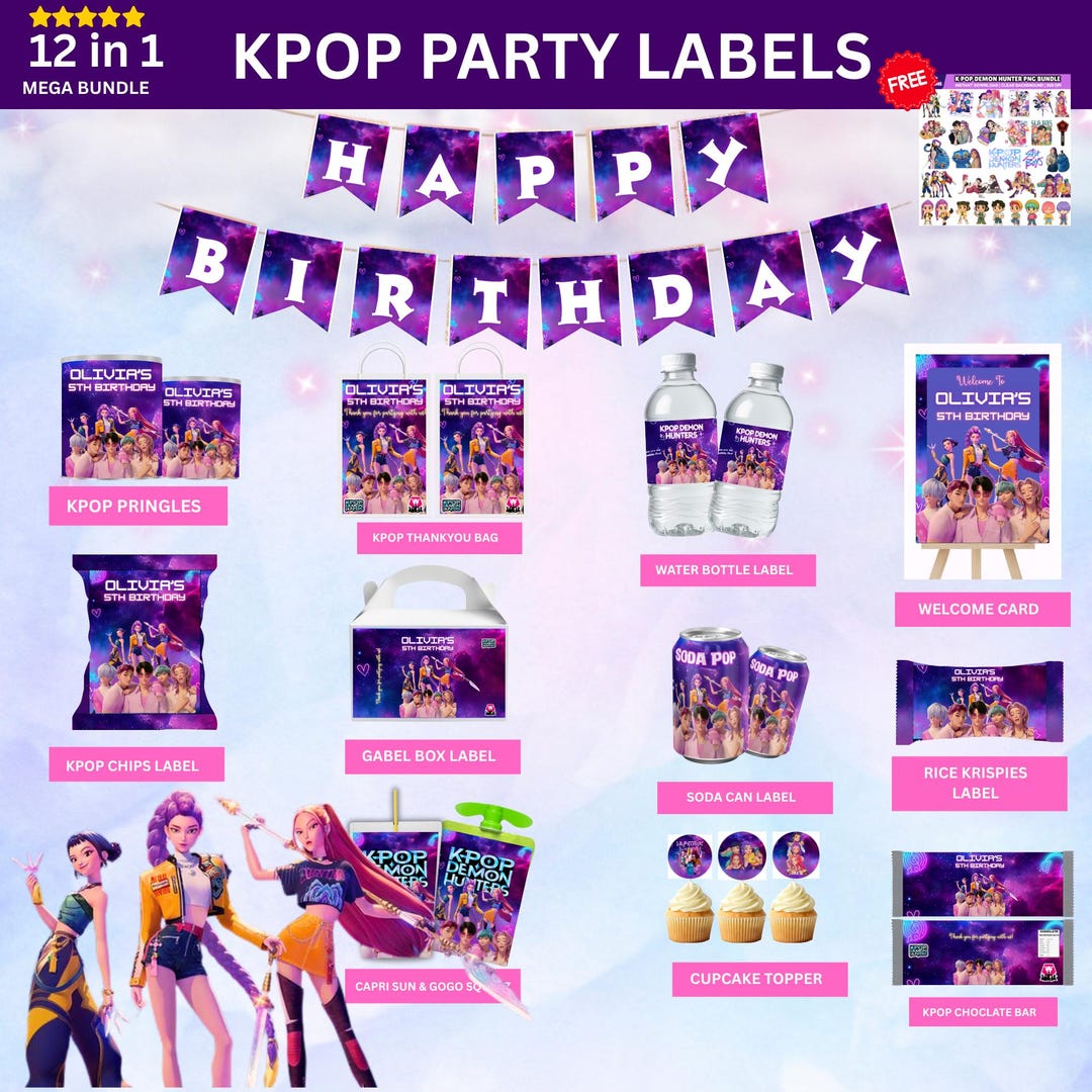 KPOP Demon Hunter Party Labels | 12 in 1 Birthday Bundle | Printable ...