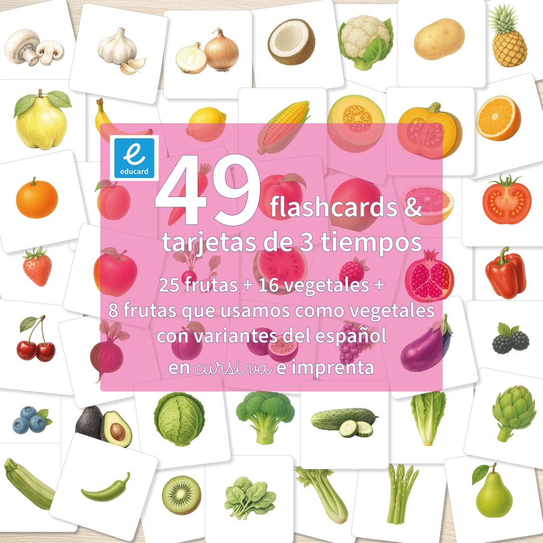 49 Spanish Fruits & Vegetables Bundle | Montessori Flashcards and 3 ...