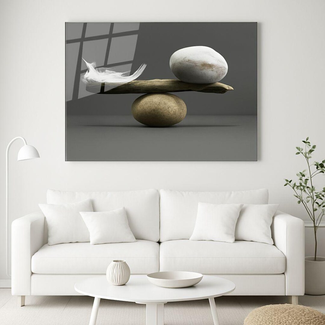 Glass Wall Art Zen Balance Decor, Modern Minimal Canvas Look, Feather ...