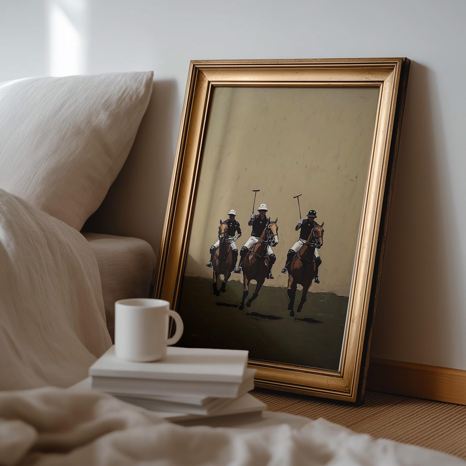 Polo Match Painting: Vintage Equestrian Sport Scene in Warm Golden ...