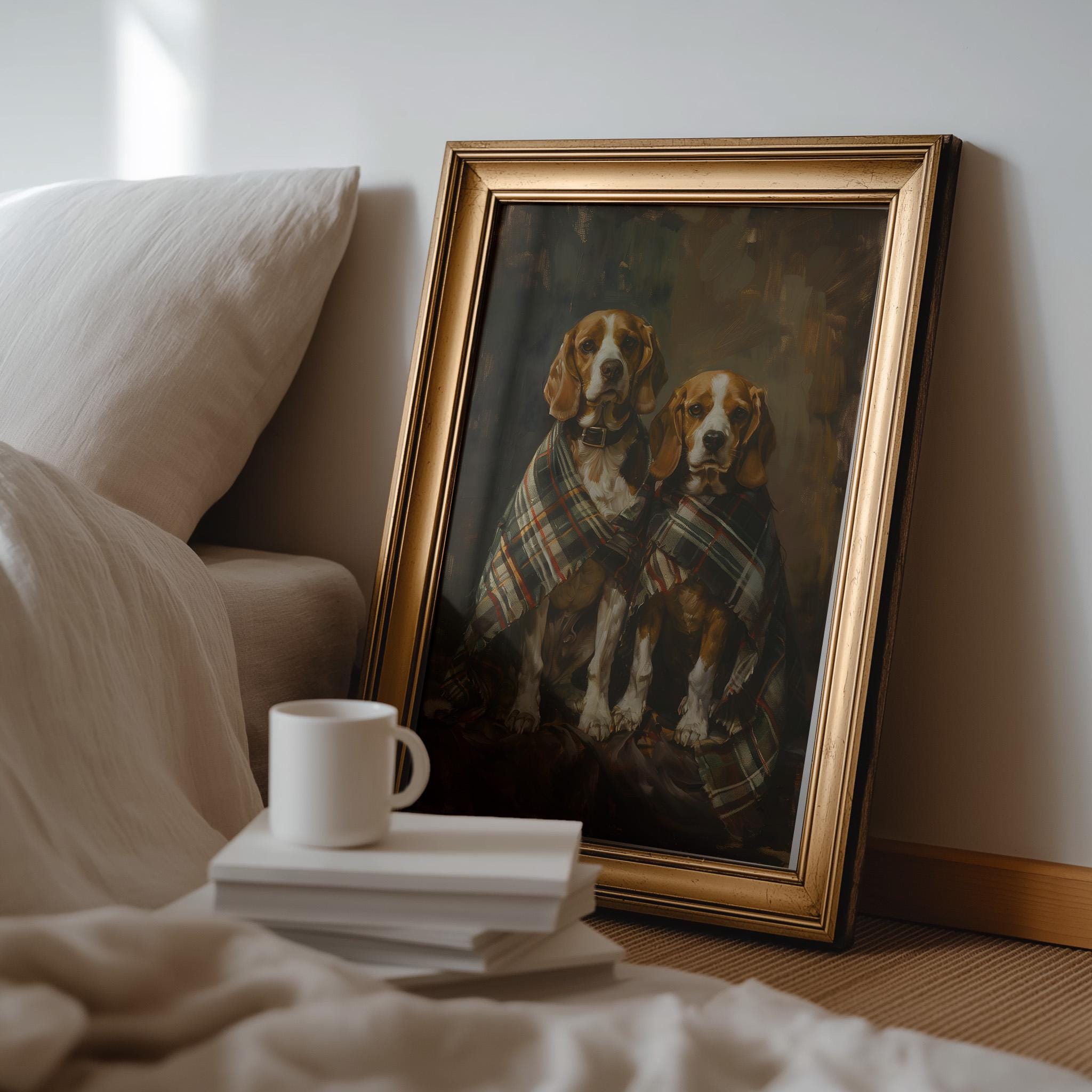 Beagles in Tartan Capes: Vintage Oil Painting in Warm Golden Light - Etsy
