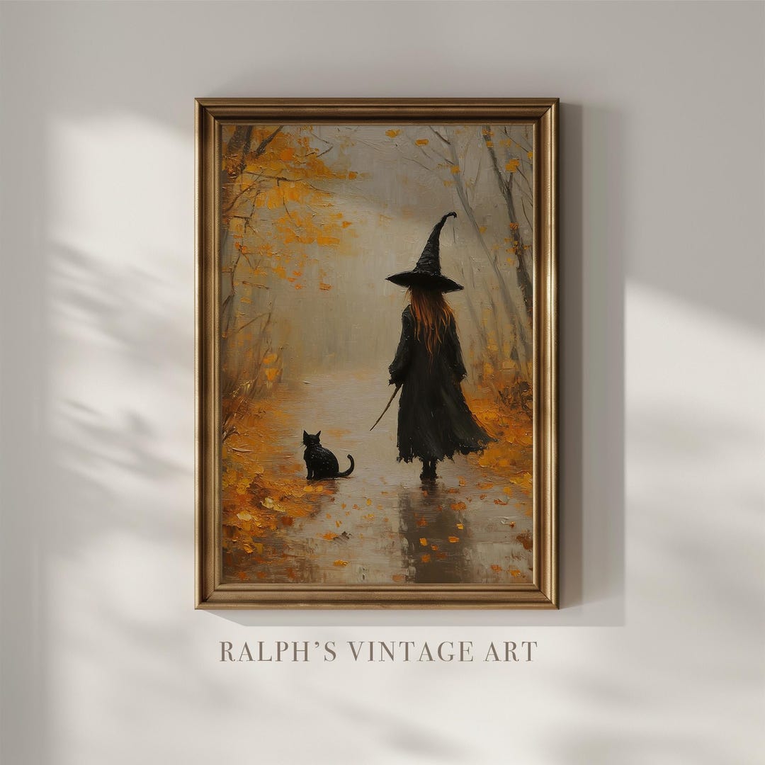 Autumn Witch Oil Painting: Vintage Forest Path Scene With Black Cat and ...