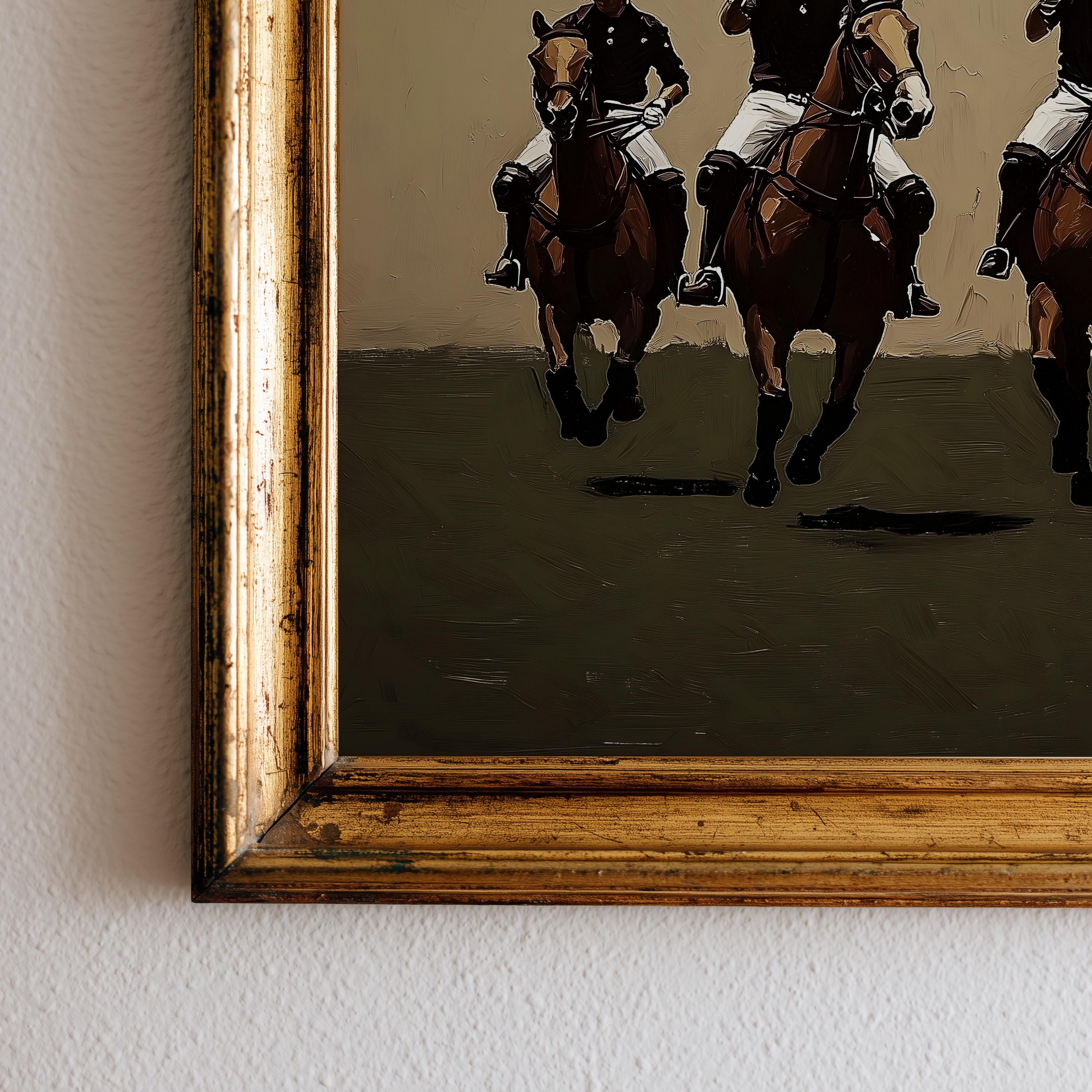 Polo Match Painting: Vintage Equestrian Sport Scene in Warm Golden ...
