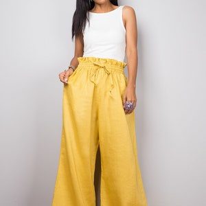 Yellow Linen Trousers, Handmade Long Wide Leg Palazzo Pants With ...