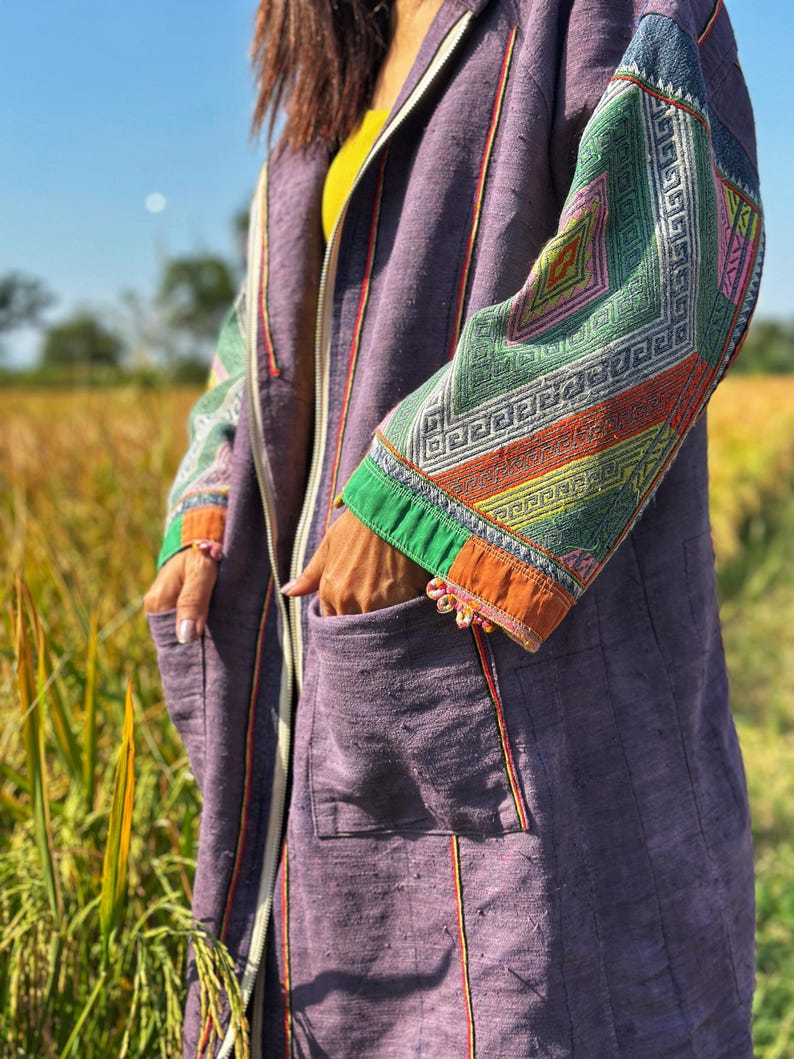 Hooded Coat, Hemp Jacket With Zip Closure, Vintage Hill Tribe Fabric ...