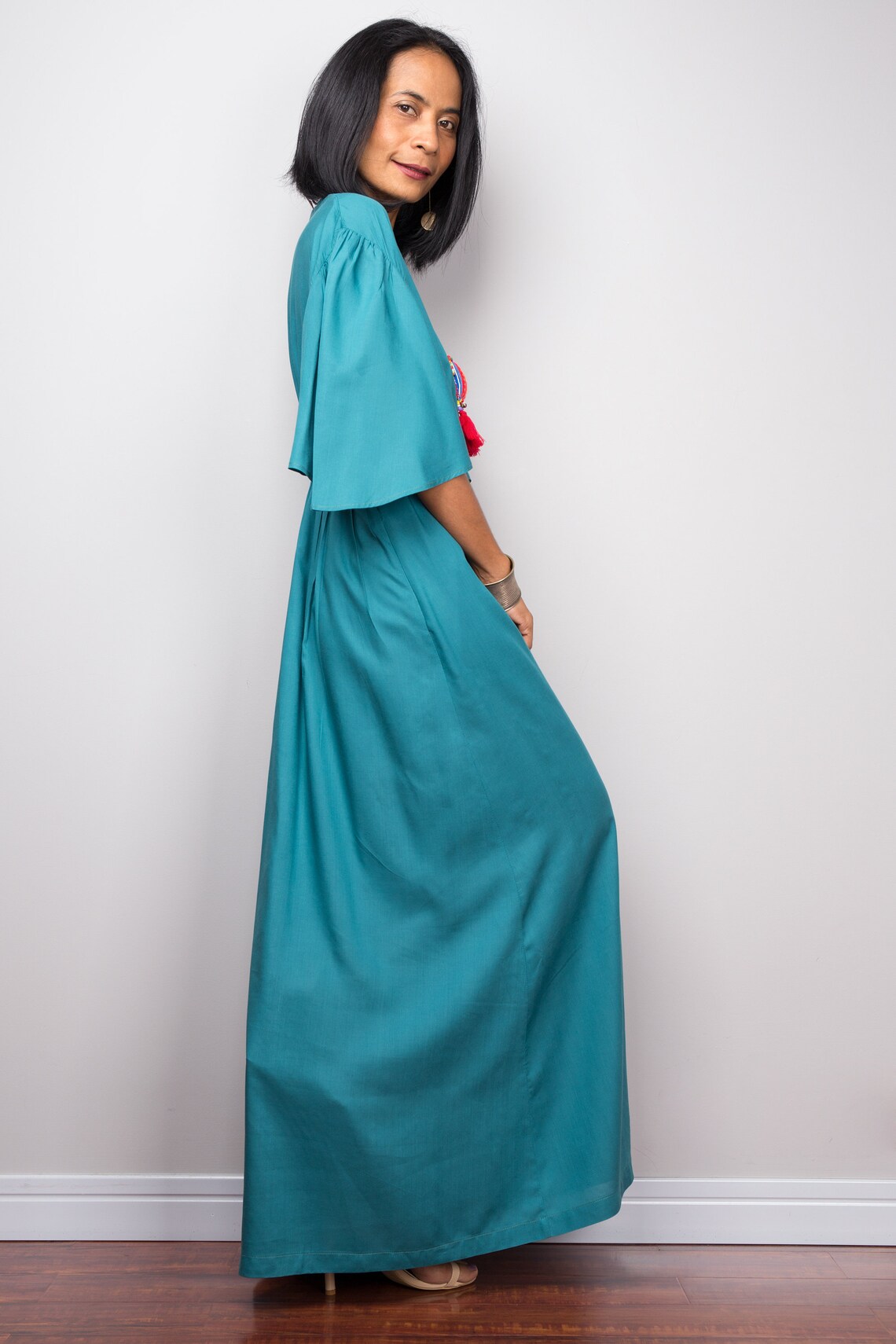 Turquoise Maxi Dress With Pockets, Long Teal Blouse Top Dress, Cross ...