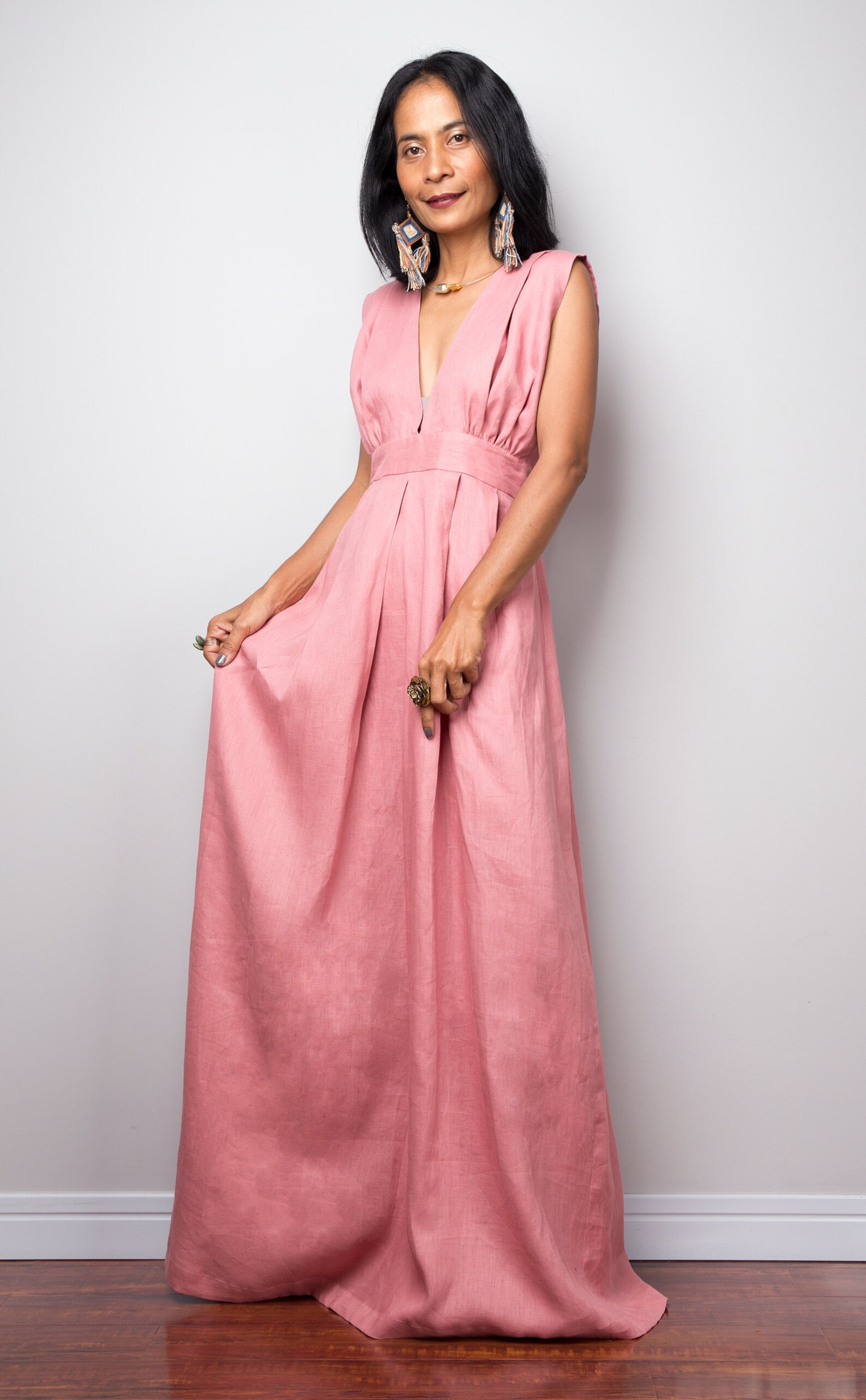 Linen Dress, Sleeveless Pink Maxi Dress, Long Linen Cocktail Dress ...