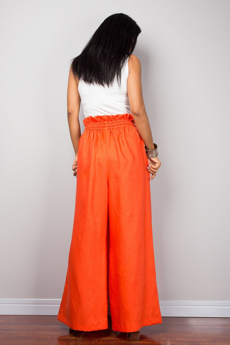 Orange Linen Trousers Handmade Long Wide Leg Palazzo Pants Etsy