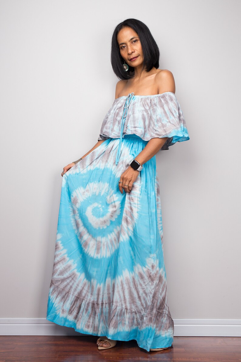 Blue Tie Dye Dress Boho Ruffle Dress off Shoulder Dress - Etsy