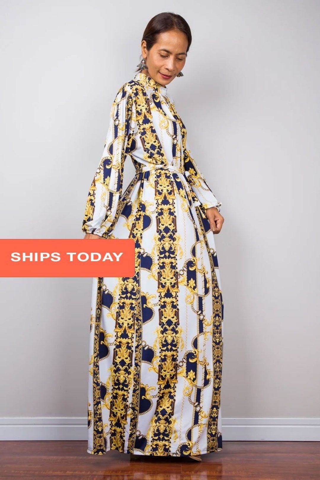 Boho Maxi Dress With Long Sleeves, Baroque Print Dress, Modest Dress - Etsy