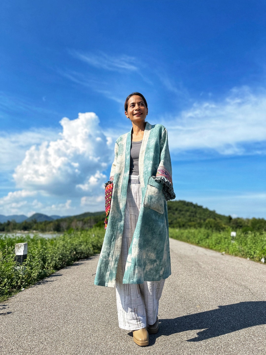 Jade Coat, Handwoven Hemp Coat, Open Front Cardigan Coat, Vintage Hill ...