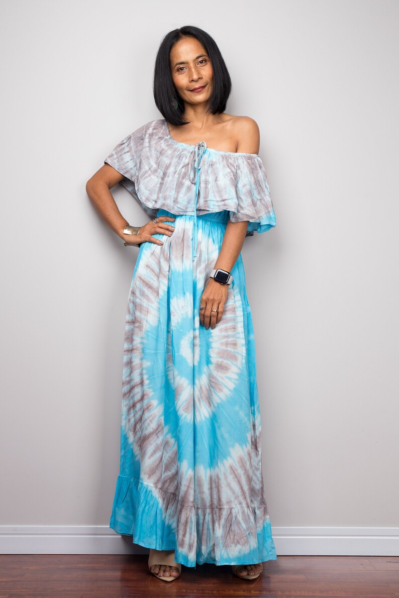 Blue Tie Dye Dress Boho Ruffle Dress off Shoulder Dress - Etsy